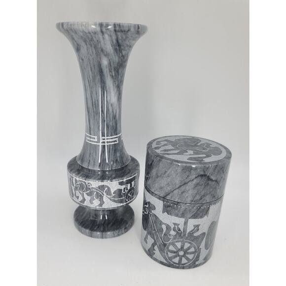 Unknown | Accents | 9780s Etched Gray Marble Vase Marble Trinket Box ...